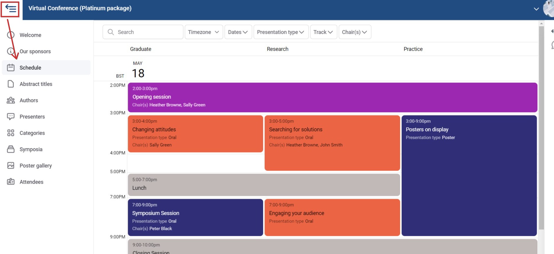 Viewing sessions and content in the virtual conference program / schedule